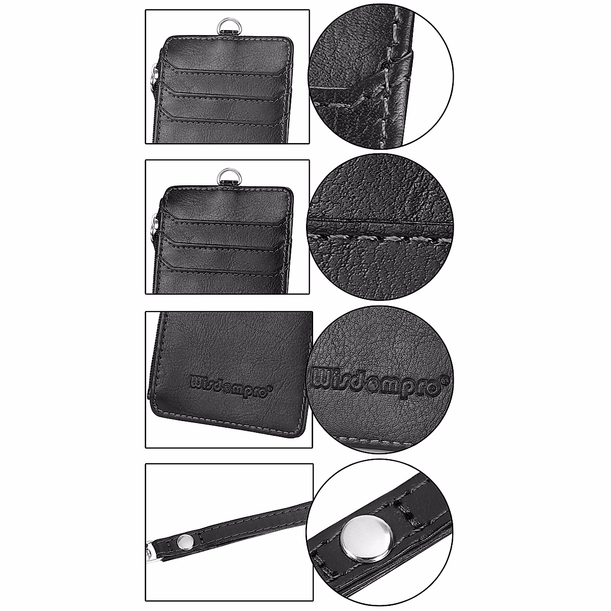 Badge Holder with Zipper, Wisdompro School Supply 2-Sided PU Leather College ID Badge Holder with 1 ID Window, 4 Card Holder Slots, 1 Side Pocket and 20 Inch Leather Neck Strap Lanyard -Vertical Black