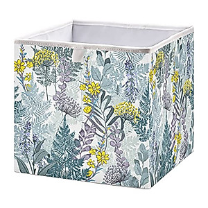 Kigai Yellow Flowers Leaves Cube Storage Bins - 11x11x11 In Large Foldable Storage Basket Fabric Storage Baskes Organizer for Toys, Books, Shelves, Closet, Home Decor