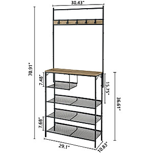 Hoctieon 5-Tier Hall Tree with Shoe Rack, Hall Trees for Entryway with Storage, Hall Tree with Bench and Shoe Storage, Mesh Slant, Greige