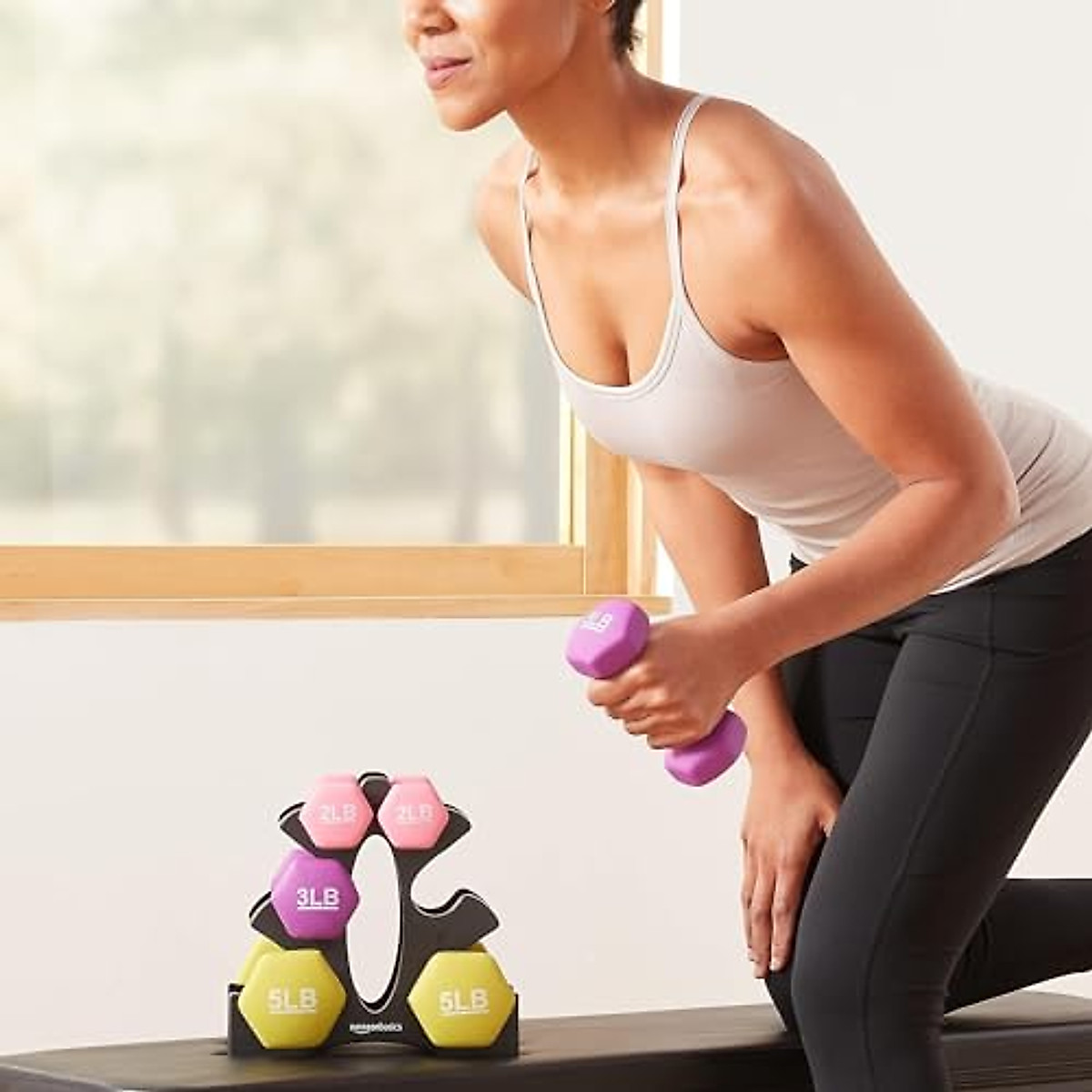 Amazon Basics Neoprene Coated Hexagon Workout Dumbbell Hand Weight, Rack with 2, 3, and 5 pound, Set of 3, Total 20 lb, Pink/Purple/Green