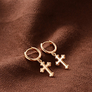 MEVECCO Tiny Cross Hoop Earrings 14K Gold Plated Dainty Minimalist Simple Faith Cross Dangle Huggie Earrings For Women Jewelry Gift