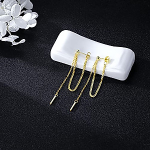 SLUYNZ 925 Sterling Silver Bar Dangle Earrings for Women Teen Girls Minimalist Dangle Earrings Threader Chain