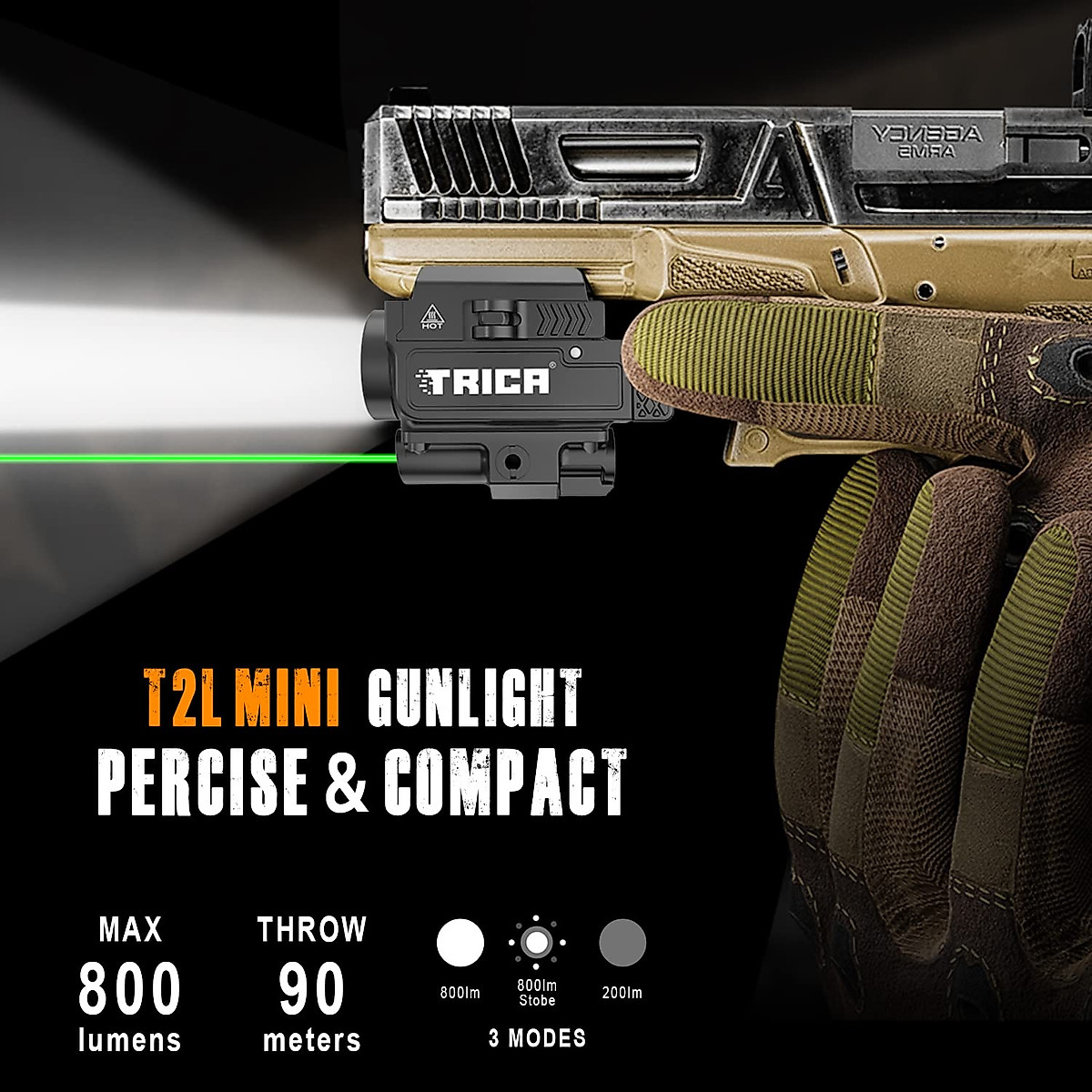 trica 800 Lumens Compact Green/Red Laser Light Combo, Compact Rechargeable Tactical Flashlight with Green Beam Quick Release Strobe Function Laser Light Combo with 1913 or GL Rail, Built-in Batter