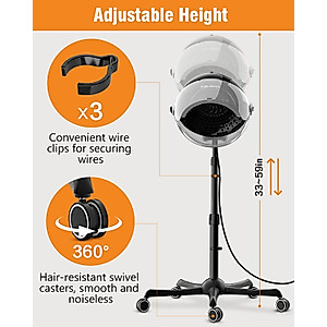 COLLIFORD Ionic Hooded Hair Dryer, 1875W Professional Height Adjustable Standing Hair Dryer Bonnet with 3 Temperature Settings, Portable Salon Dryer with Rolling Wheels for Home & Hairstylist