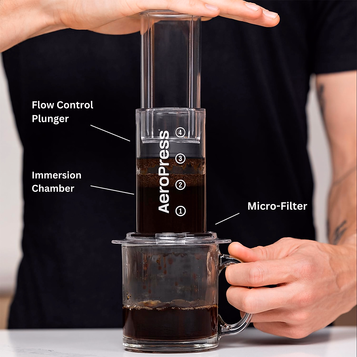 AeroPress Clear Coffee Press – 3 in 1 brew method combines French Press, Pourover, Espresso - Full bodied coffee without grit or bitterness - Small portable coffee maker for camping & travel