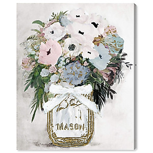 Wynwood Studio Floral and Botanical Wall Art Canvas Prints 'Anemone Mason Jar' Home Décor, 24" x 36", Gold, White