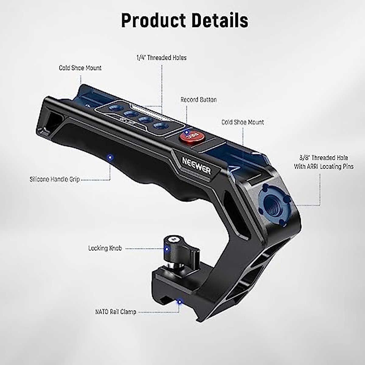 NEEWER NATO Top Handle with Record Button, Comfort Silicone Grip with QR NATO Clamp, 3/8" ARRI Locating Hole, Cold Shoes 1/4" Threads Compatible with Sony A7 ZV1 Panasonic S5 II FUJIFILM X-T5, PG005E