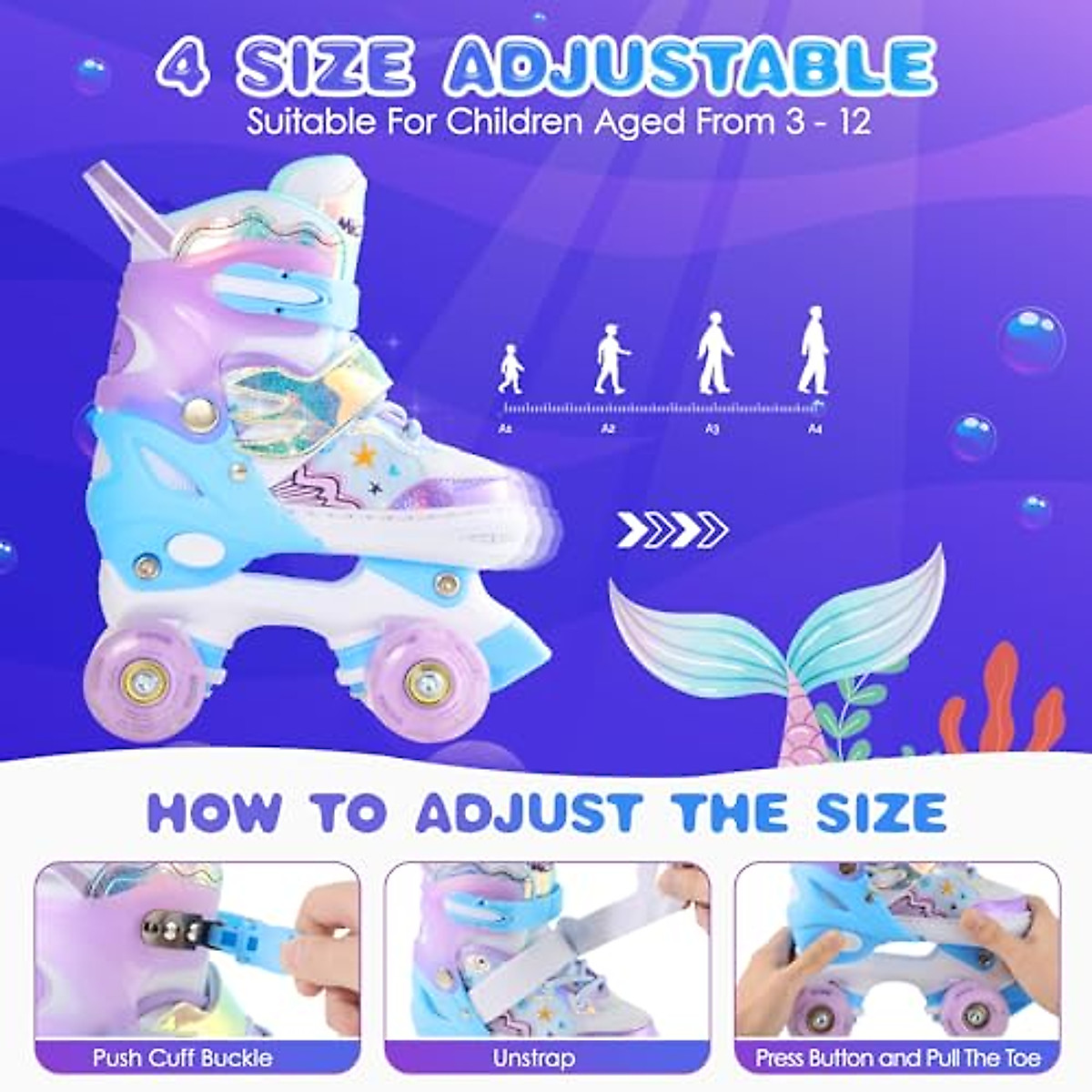 Mermaid Kids Roller Skates Adjustable Roller Skates with Light Up Wheels for Kids, Beginner, Girls, Boys Outdoor Roller Skating for Toddlers, Skating Shoes for Ages 3-12