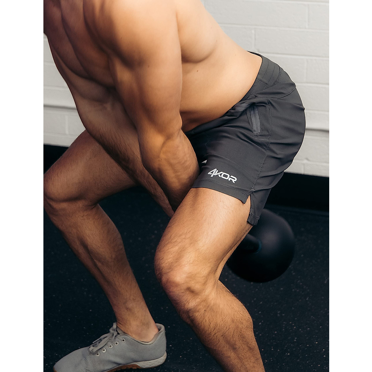 4KOR Fitness Mens Essential Training Shorts Designed for Weightlifting Running Working Out - with Pockets (Large, Dark Grey)