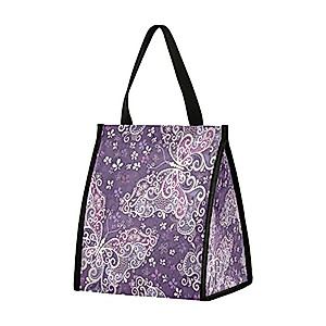 ALAZA Beautiful Butterfly Purple Insulated Lunch Bag Reusable Lunch Tote Bag for Work Picnic School M