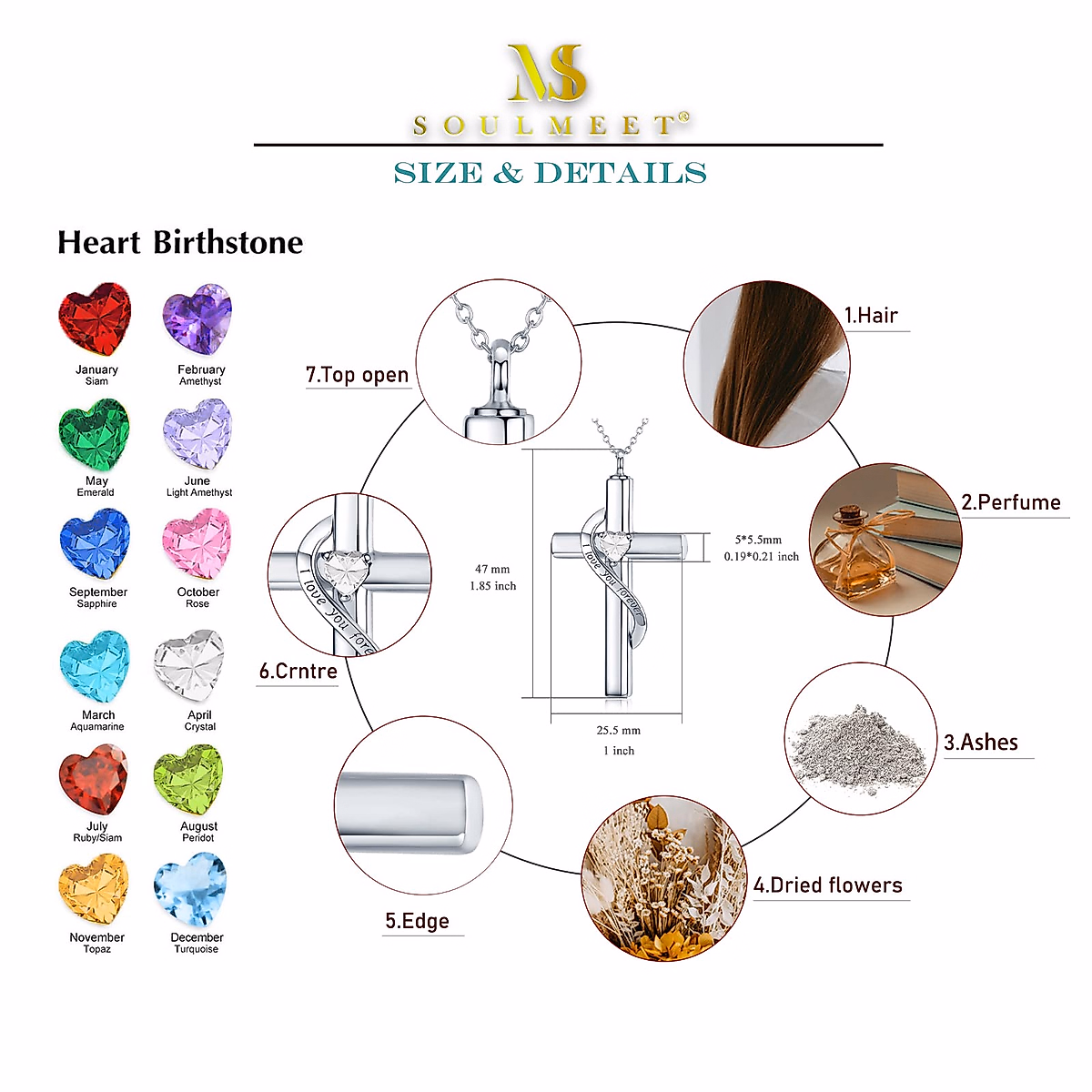 SOULMEET Crystal Cross Necklace for Ashes, Sterling Silver I Love You Forever Birthstone April Cross Urn Necklaces for Ashes Keepsake Cremation Jewelry for Pet Human Ashes