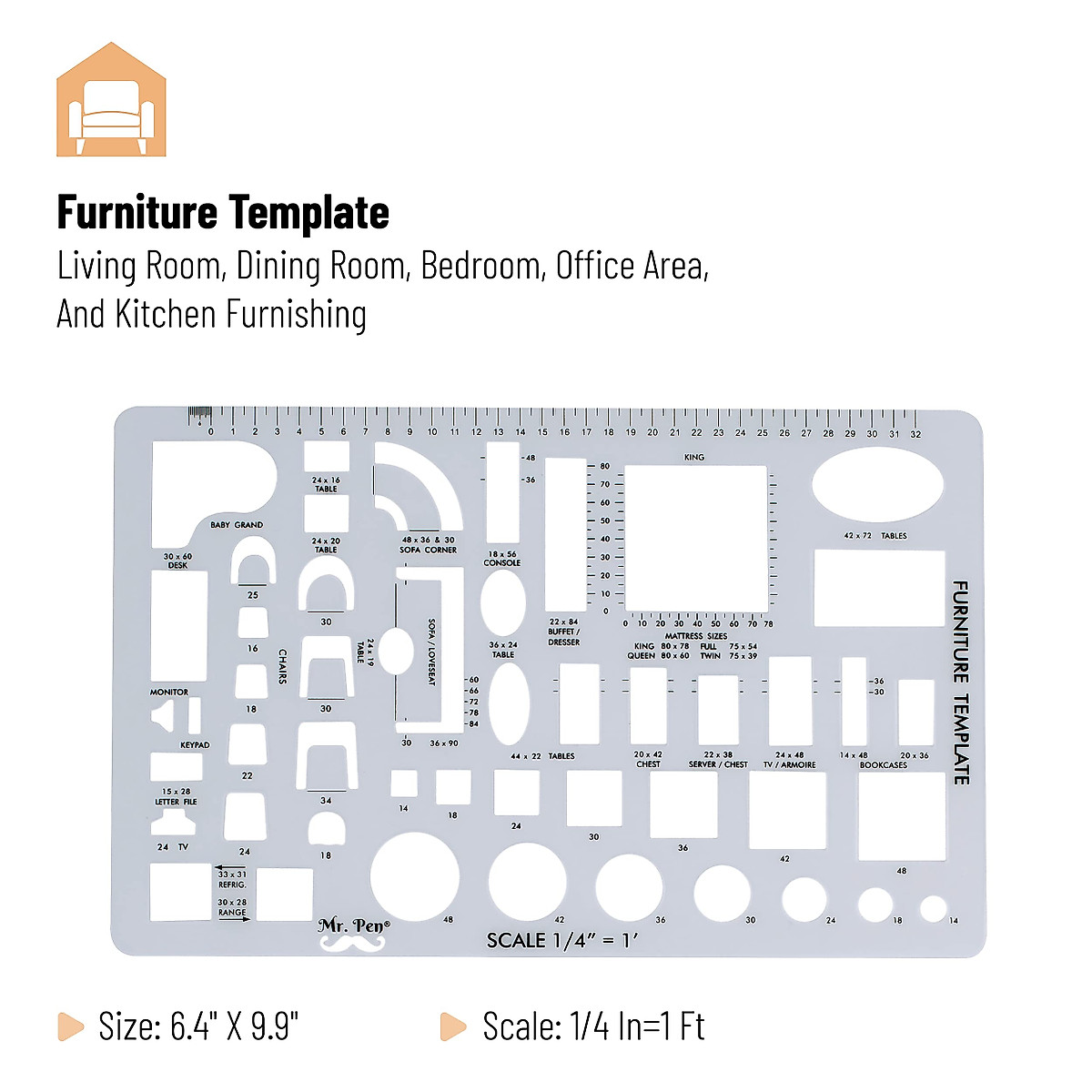 Mr. Pen- House Plan, Interior Design and Furniture Templates, Drafting Tools and Ruler Shapes for Architecture - Set of 3