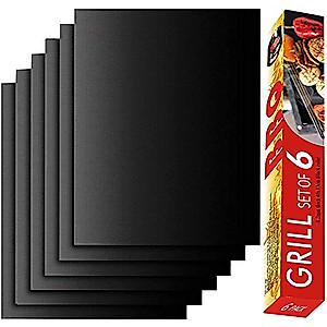 Renook Grill Mat Set of 6-100% Non-Stick BBQ Grill Mats, Heavy Duty, Reusable, and Easy to Clean - Works on Electric Grill Gas Charcoal BBQ - 15.75 x 13-Inch, Black