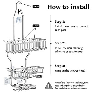 YASONIC Shower Caddy Over Shower Head Never Rust Aluminum Large Hanging Shower Caddy with 10 Hooks for Razor/Sponge - Over The Shower Head Caddy with Soap Basket - Hanging Shower Organizer Silver