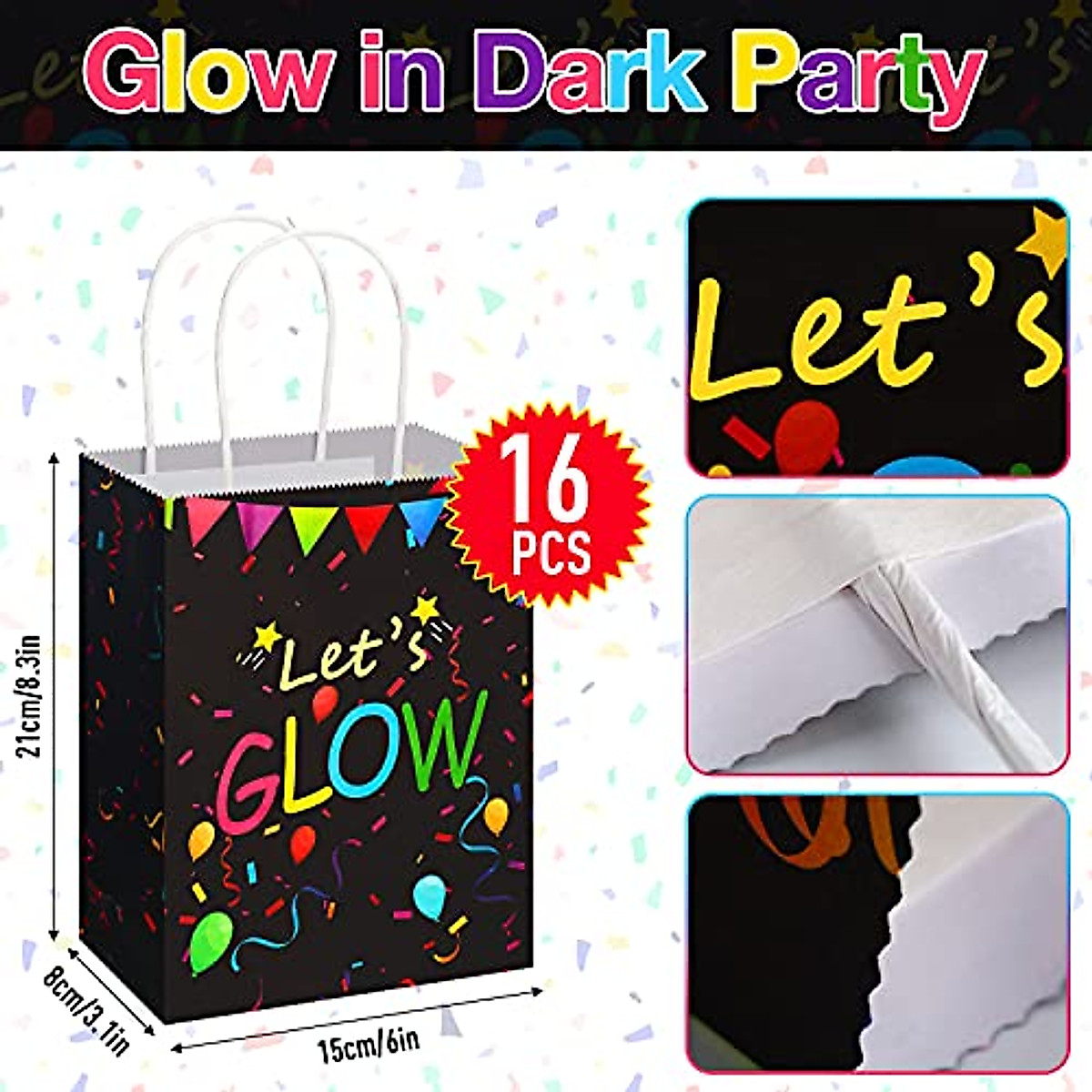 16 Pcs Let's Glow Party Favor Bags Glow Gift Bags Glow in The Dark Party Supplies Neon Theme Party Favors Luminous Gift Wrap Bags for Treats Candy Goodie Kids Birthday Party Decorations