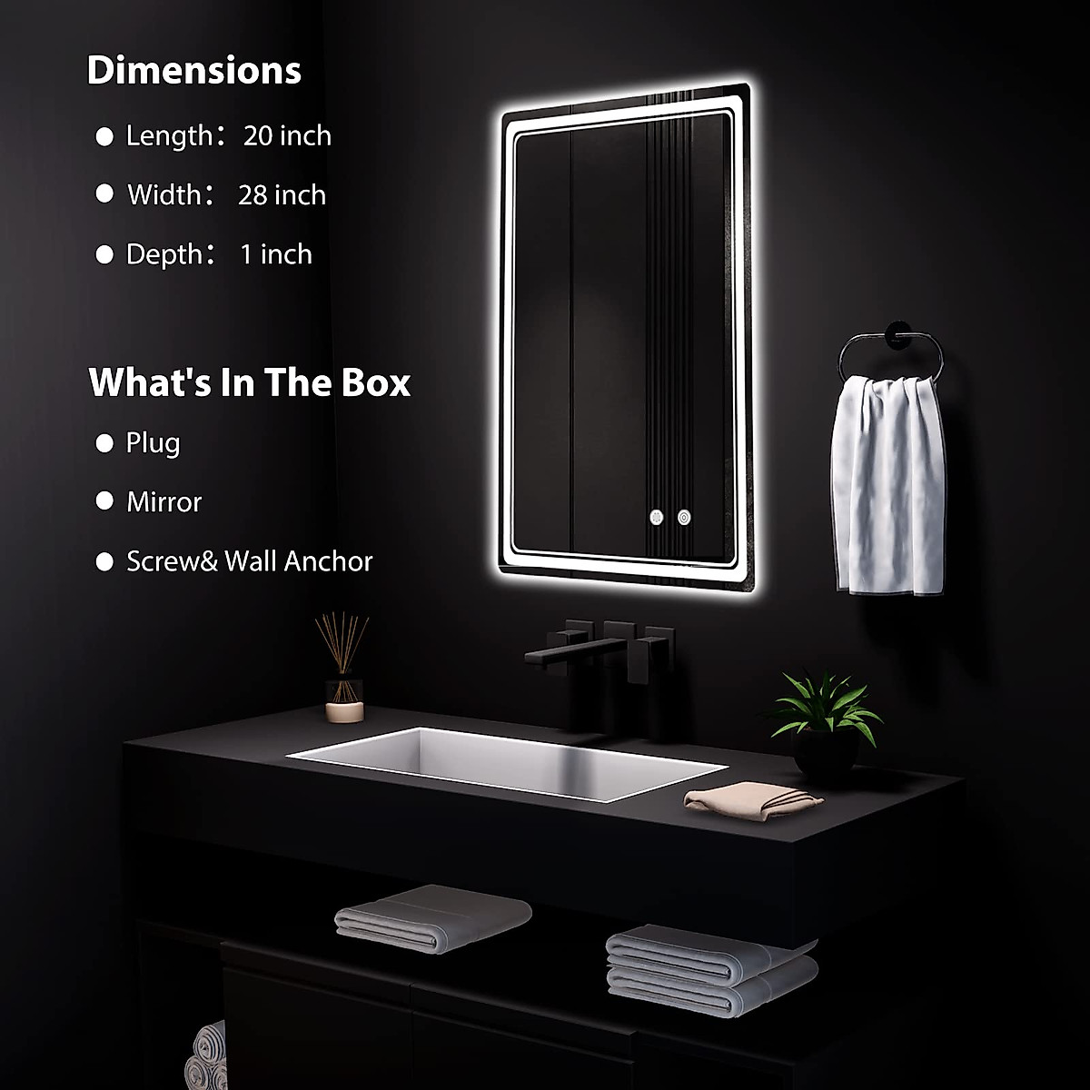 HOMECOOKIN Wall Mount 20x28 inches LED Mirror, Bathroom, Rectangular, Aluminum, Modern, Anti-Fog, Adjustable 3 Colors, Backlit