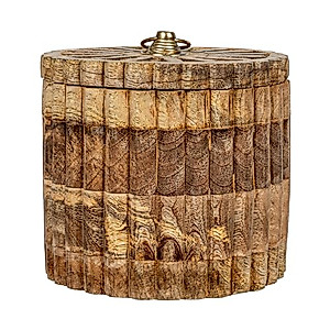 Creative Co-Op 5.75 Inches Round Carved Mango Wood Pleated Lid and Metal Pull, Natural and Antique Gold Finish Display Box