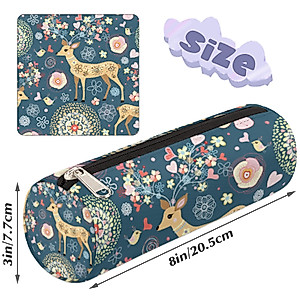 Flower Deer Bird Canvas Pencil Case for Pen Pouch Bag, Durable Compact with Zipper Round Pencil Case, Stationery Organizer Bag Purse for Kids Girls Boys School Adults Office