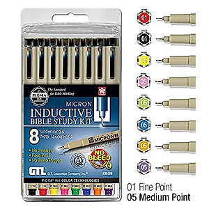 G.T. Luscombe Company, Inc. Pigma Micron 01 Fine & 05 Medium Point Inductive Bible Study Pen Kit | No Bleed Pigmented Ink | Black, Red, Orange, Blue, Green, Pink, Violet, Yellow (Set of 8) | New Packaging |