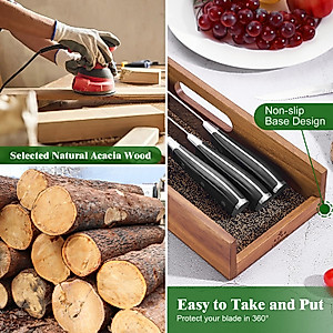 Enoking Knife Drawer Organizer Insert, In Drawer Knife Block, Acacia Wood Knife Holder with Cork Dividers For Kitchen Chef Steak Knife Storage Keep Drawer Tidy