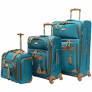 steve madden Designer Luggage Collection- 3 Piece Softside Expandable Lightweight Spinner Suitcases- Travel Set includes Under Seat Bag, 20-Inch Carry on & 28-Inch Checked Suitcase (Harlo Teal Blue)