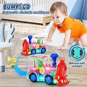 Light Up Train Toys,Fun Electric Transparent Gear Sensory Toy for Kids with Colorful Light Music and Moving Gears,Tummy Time Crawling Baby Toys for Boys Girls