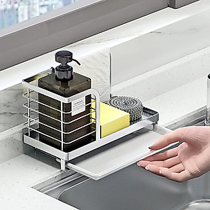 Countertop Dish Soap Holder, Kitchen Sink Caddy Organizer,Sponge Holder for Sink, Stainless Steel Sponge Soap Brush Holder with Drain Pan