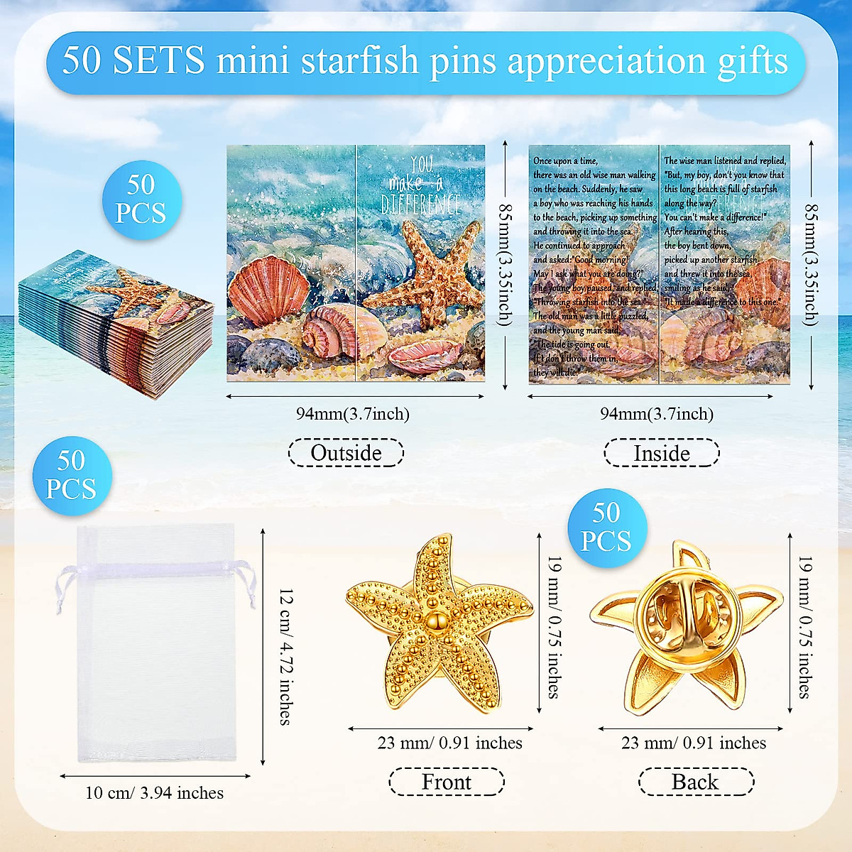 Unittype 50 Pack Starfish Story Gifts Starfish Lapel Pin on Appreciation Cards with Bags You Make a Difference Employee Appreciation Thank You Gifts Camp Gifts for Girls Boys Students(Gold)
