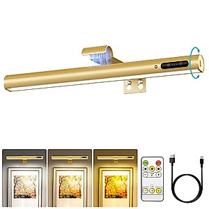Olafus Picture Light Battery Operated with Remote, Rechargeable Wireless Wall Light, 3 Color Temperatures, Infinite Dimming and Timer, Cordless Art Frame Lighting, Gallery Painting Display Lamp Gold
