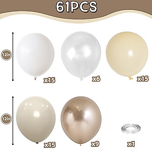 White Gold Balloons 60 Pcs, 12Inch Beige Gold Neutral Party Balloons, Matte White Ivory White Sand and Champagne Gold Latex Nude Balloons with Transparent Balloons for Boho Birthday Party Decorations
