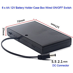 8x1.5V AA Battery Holder Case Box with DC 5.5x2.1mm Male Connector ON/Off Switch with Cover Pack of 2 (12V)