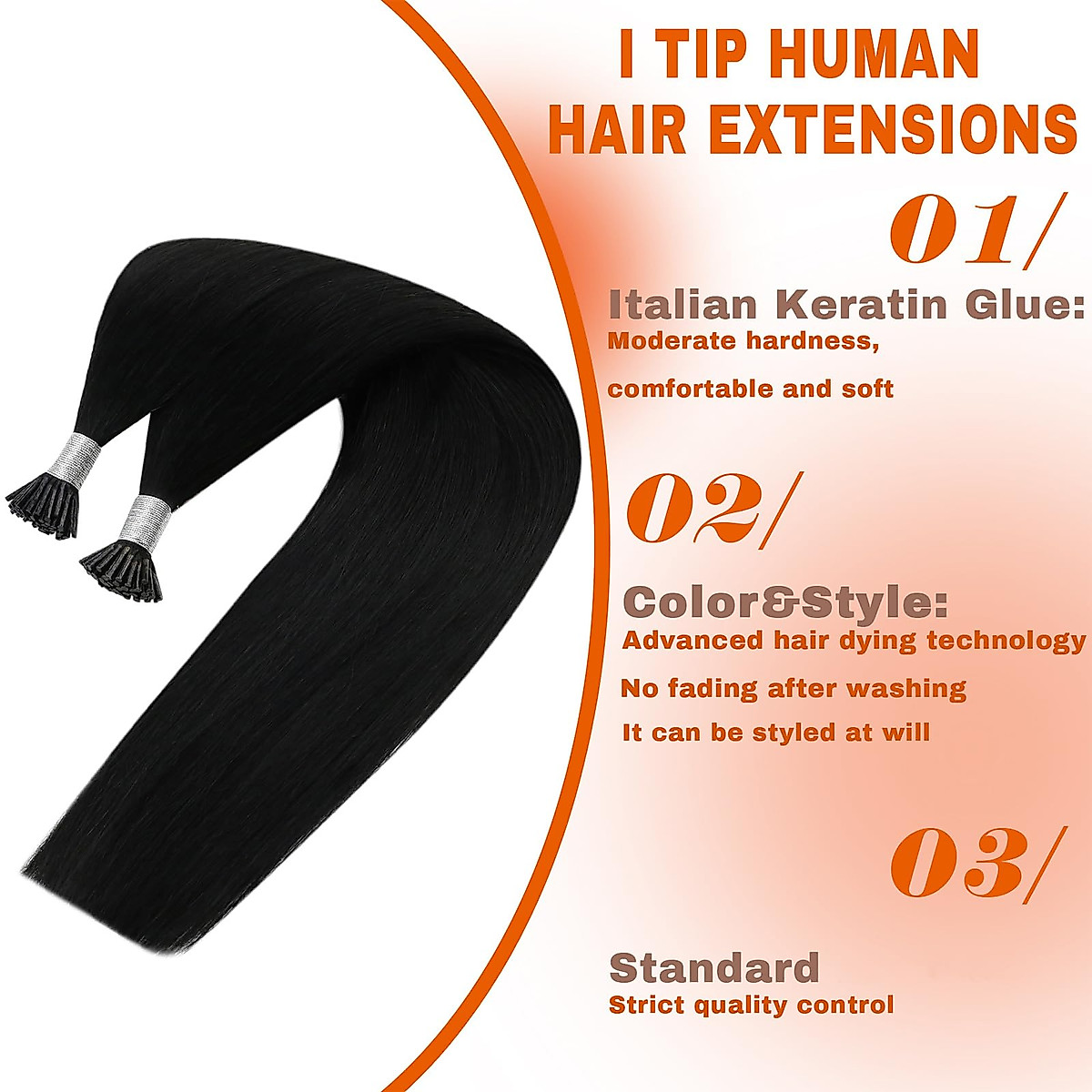 Sunny Hair 22inch I Tip Hair Extensions Human Hair Black Itip Human Hair Extension Jet Black I Tip Hair Extensions Black for Party Itips for Women Tip Hair Extensions Add Length 50G 50S