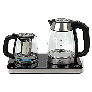 Middle Eastern Persian Iranian Russian Arab Turkish Style Electric Cordless Tea Maker Samovar Stainless Steel Glass Double Kettle Smart Keep Warm Tray Plate