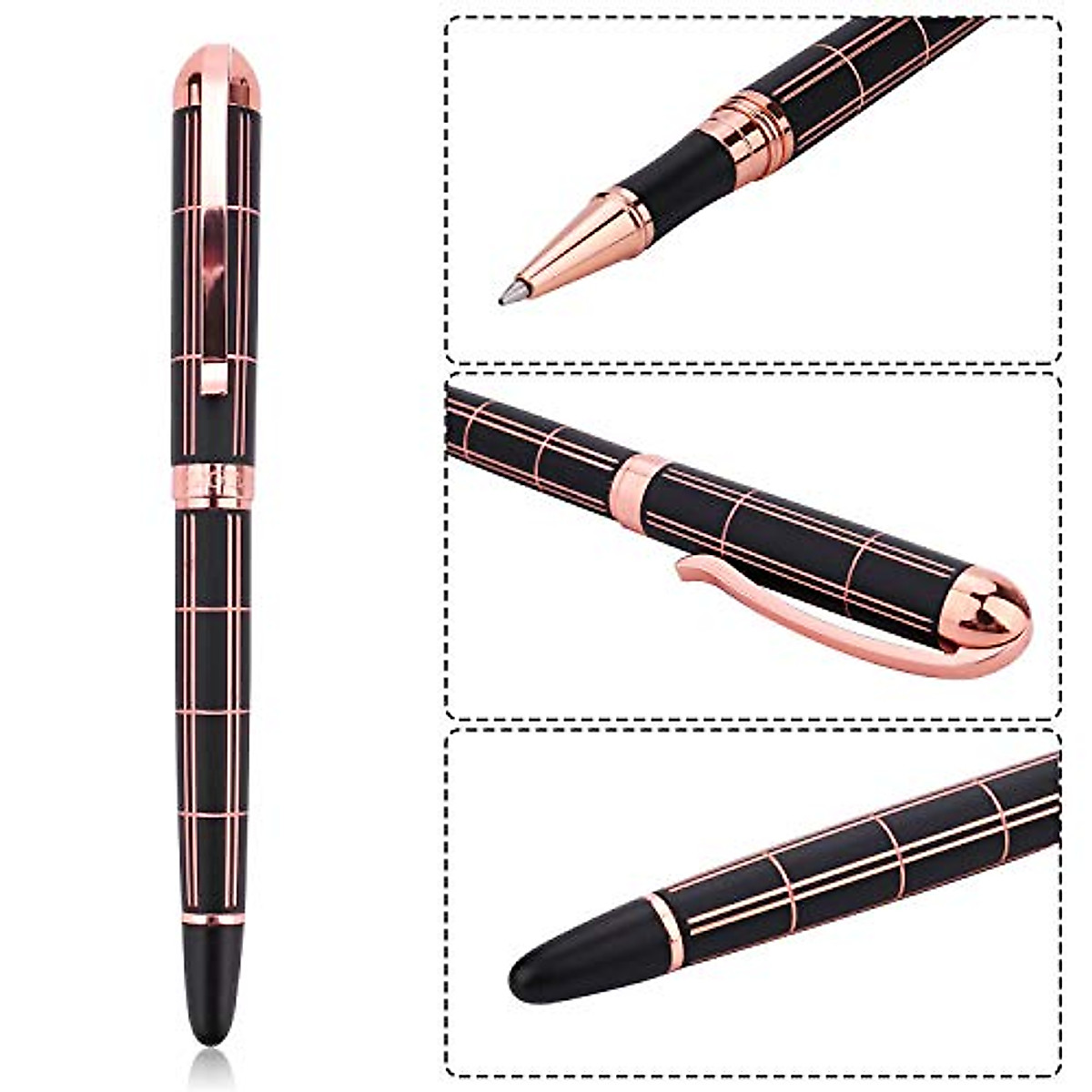 SHALORY Rose Gold Gel Ink Rollerball Pen-Geometric Stripe Style Copper Grip Metal Pens in Gift Box with 1 Extra Refill,Valentine's Day Gifts for Women &Men (Black Ink, 0.7mm Fine Point)