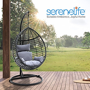 SereneLife Hanging Egg Chair with Stand - Indoor Outdoor Patio Wicker Rattan Lounge Chair with Stand, Steel Frame, UV Resistant Washable Cushions for Garden Backyard Deck Sunroom SLGZ0EGBL (Black)