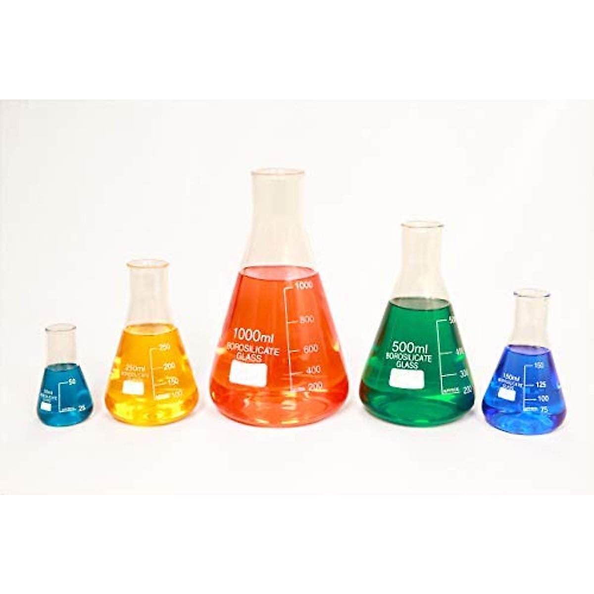 Glass Conical Flask Set of 6 Conical Lab Flasks 25ml, 50ml, 150ml, 250ml, 500ml, 1000ml.