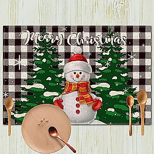 Red and Green Buffalo Plaid Santa Claus, Truck, Snowman Merry Christmas Placemats Set of 6, 12x18 Inch Winter Table Mats for Party Kitchen Dining Decoration (A)