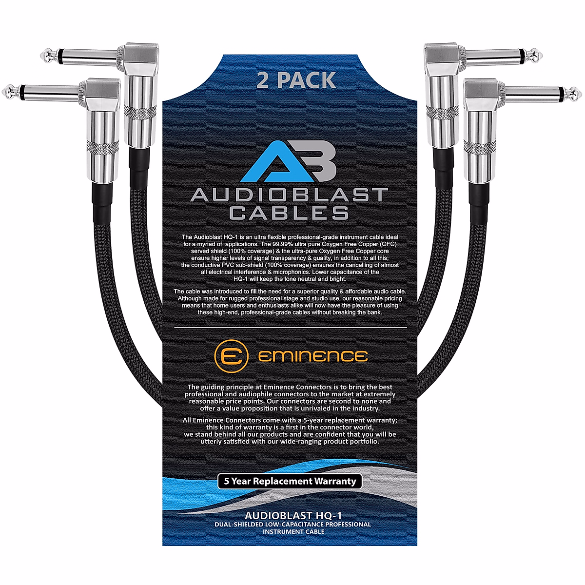 Audioblast - 2 Units - 1.5 Foot -HQ-1 Braid (Black) Flexible -Dual Shielded(100%)-Guitar Instrument Effects Pedal Patch Cable w/Eminence Right-Angled ¼ inch (6.35mm) TS Plugs & Double Staggered Boots
