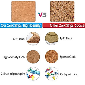 LotFancy Cork Board Strips 15” x 2”, Pack of 5, 1/2 in Thickness, Bulletin Bar Strips Bonus 15 Push Pins, Self-Adhesive Corkboard Strips for Office, Home