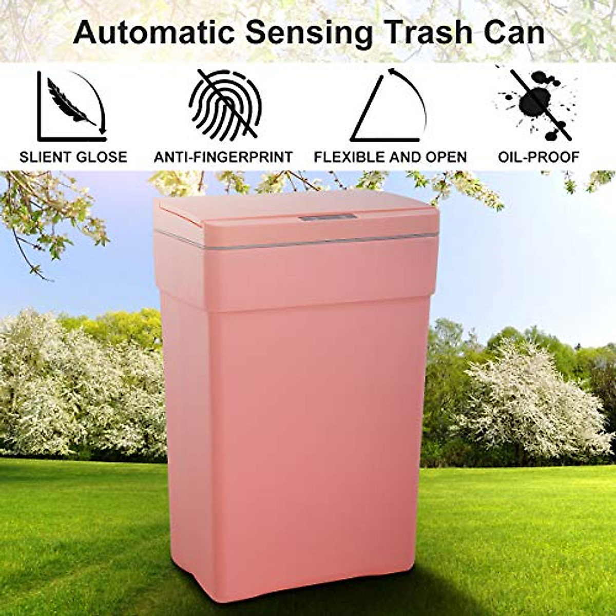 Kitchen Touch Free Trash Can Garbage Can with Lid Waste Bin Sensor Automatic 13 Gallon 50L Large Capacity Trash Can for Bathroom Office Bedroom Home, Pink