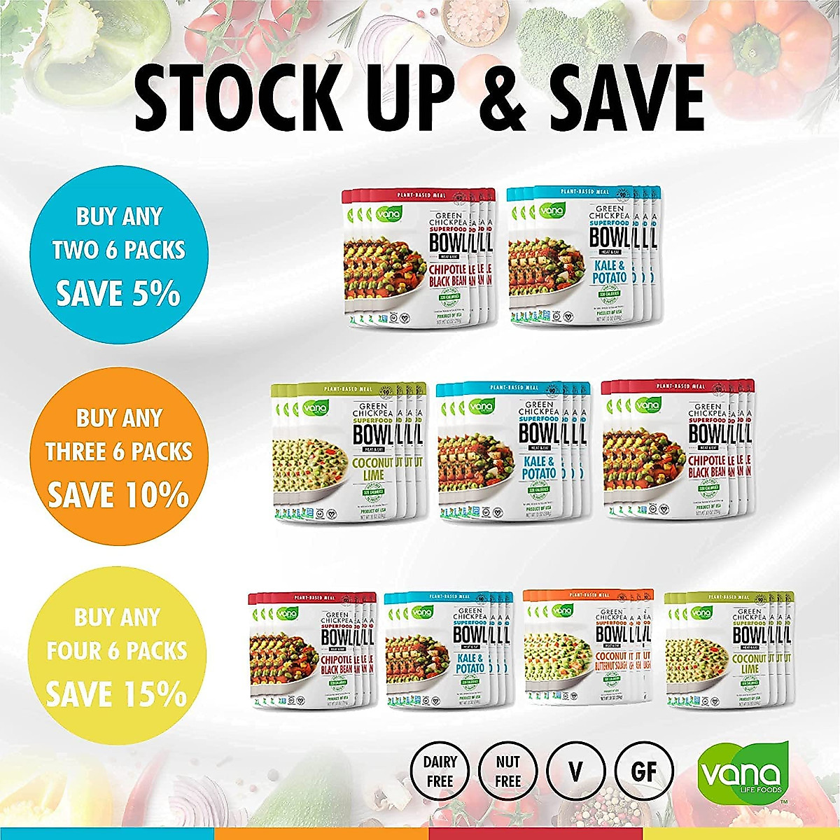 Vana Life's Foods Plant based Ready Meal - Green Chickpea Superfood Bowl Heat and Eat Microwaved Cooked Bowl | Product of the USA (Coconut & Lime, 6-Pack)