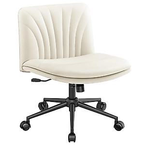 Marsail Armless-Office Desk Chair with Wheels: PU Leather Cross Legged Wide Chair,Comfortable Adjustable Swivel Computer Task Chairs for Home,Office,Make Up,Small Space,Bed Room(Beige)