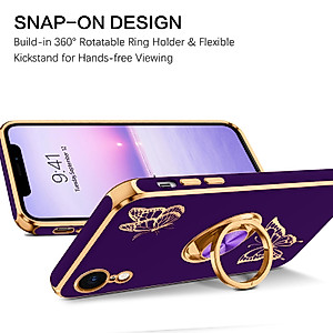 BENTOBEN iPhone XR Case, Phone Case iPhone XR 6.1, Slim Fit Gold Butterfly Design Kickstand Ring Holder Shockproof Protection Soft TPU Bumper Drop Protective Girl Women Boy iPhoneXR Cover, Deep Purple