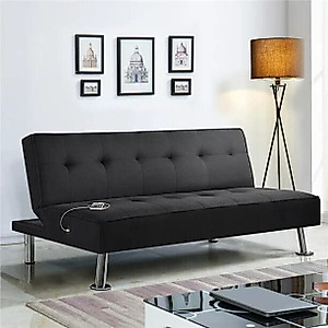 Convertible Folding Futon Sofa Bed,Modern Fabric Sleeper Couch Bed with 2 USB Ports,Recliner Sofa with Chrome Legs for Living Room Dorms Apartment Office