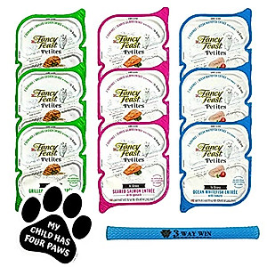 Fancy Feast Petites Variety in Gravy Bundle | 3 Flavors, (3) Each: Ocean Whitefish Tomato, Seared Salmon Spinach, Grilled Chicken Rice (2.8 Ounces) | Plus Mesh Kitty Toy and Car Paw Magnet!