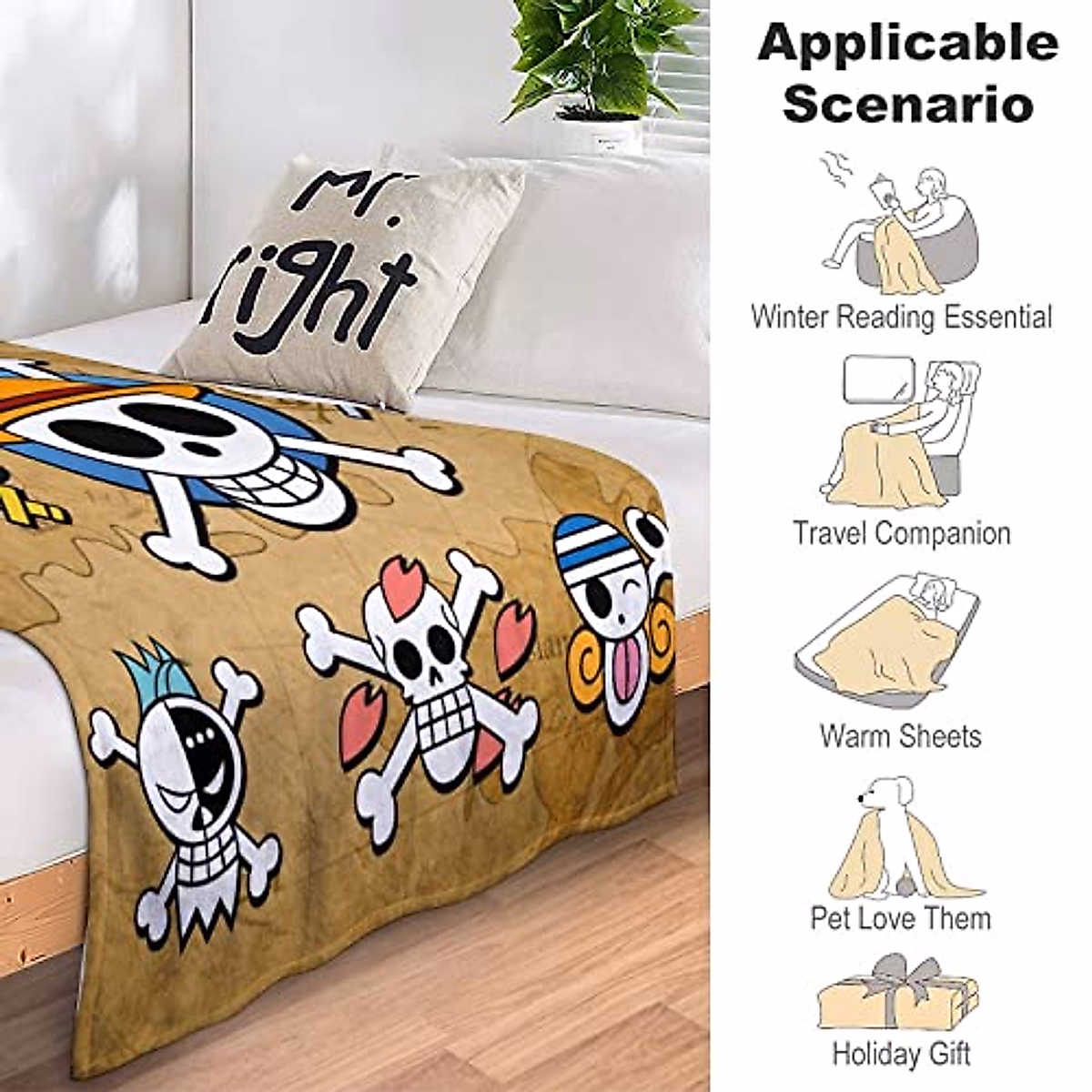 Anime One Piece Throw Blanket Luffy Jolly Roger Utra Soft Japanese Anime Flannel Blanket 50x60inches Straw Hat Pirate Flag Blanket for Bed Sofa Couch Brown Blanket