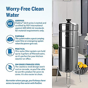 ProOne Big+ Stainless-Steel Gravity Water Filter System, 3-Gallon Water Capacity, Countertop Water Dispenser for Home, Camping, and Travel w/ (2) 7-inch Filter & Wire Stand, Proven to Reduce PFAS