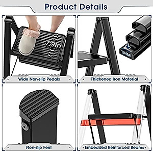 Step Ladder 2 Step Folding Step Stool Metal Adults Step Stools Non-Slip Pedal Decorative Small Portable Ladder Kitchen Lightweight Home Office Ladders, Black