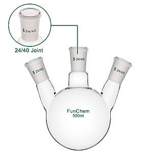 FunChem Three Necks Round Bottom Flask RBF, Glass 3-Neck Boiling Flask with 24/40 Standard Taper Outer Joint (500 mL)
