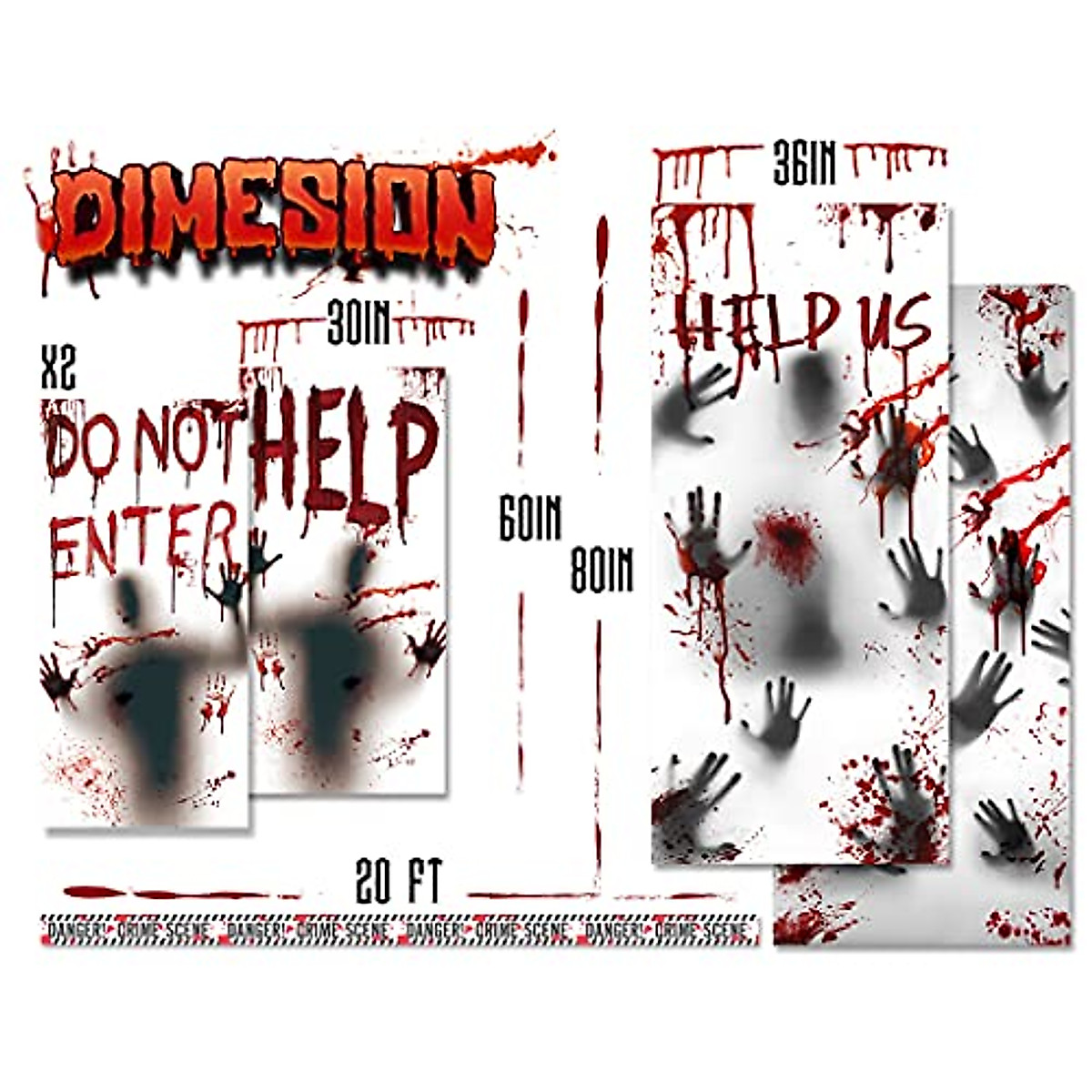 KD KIDPAR 8Pcs Halloween Window Door Decoration Covers Set, Includes 4Pcs 60x30” Window Clings&2Pcs 80x36” Door Posters with Scary Bloody Handprints&2 Fright Tape, Indoor and Outdoor Décor for Party